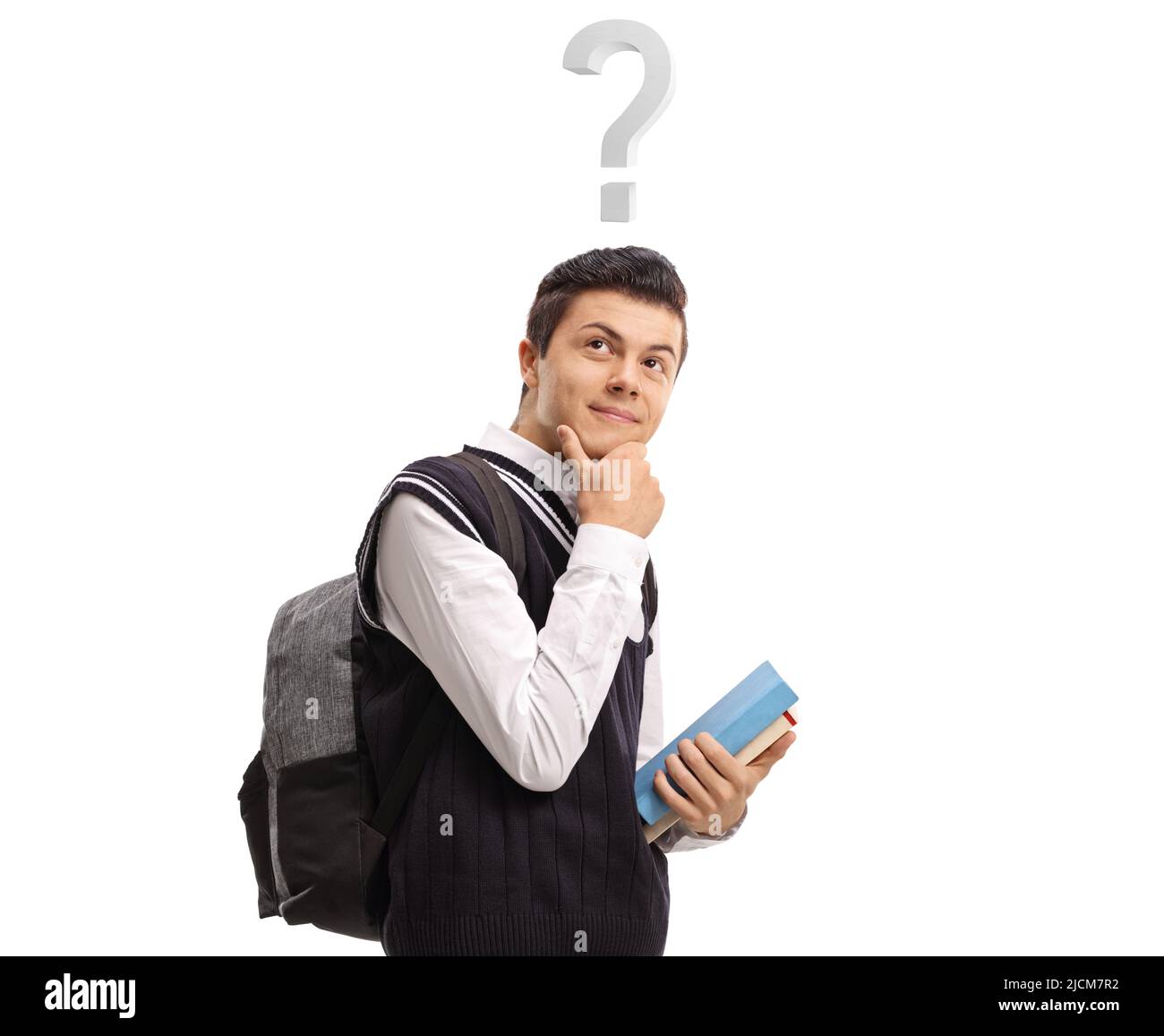 Male student with a backpack and books with question mark above his ...
