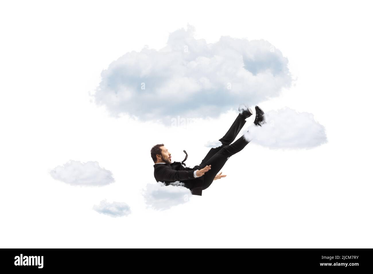 Man in suit and tie falling from clouds isolated on white background ...