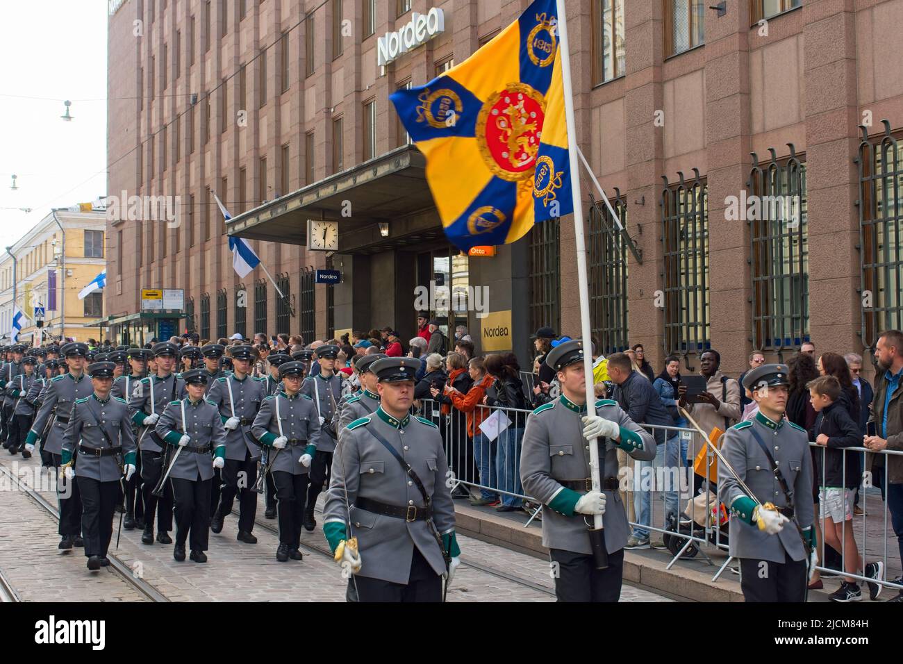 Troops on Aleksanterinkatu street at National Parade on the Flag Day of ...