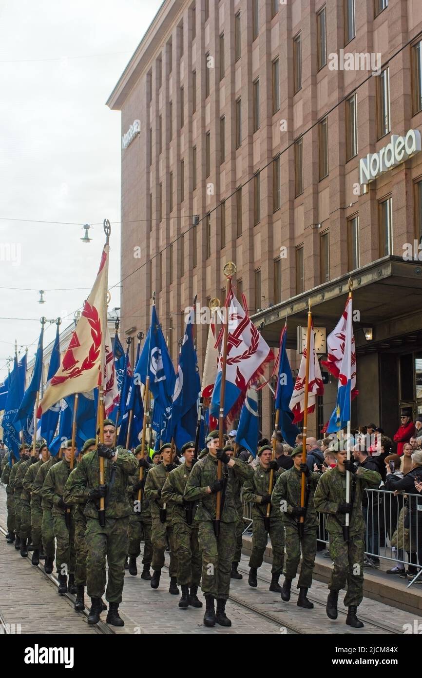 Troops on Aleksanterinkatu street at National Parade on the Flag Day of ...