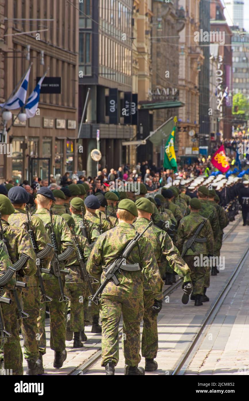 Troops on Aleksanterinkatu street at National Parade on the Flag Day of ...