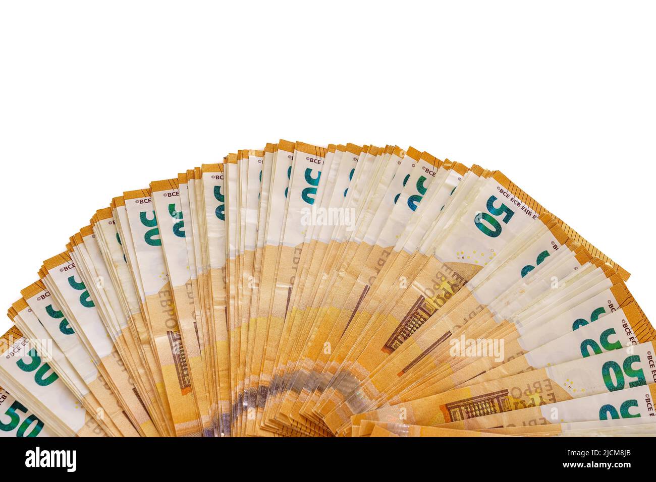 Large stack of 50 euro banknotes, European Union currency, on white ...
