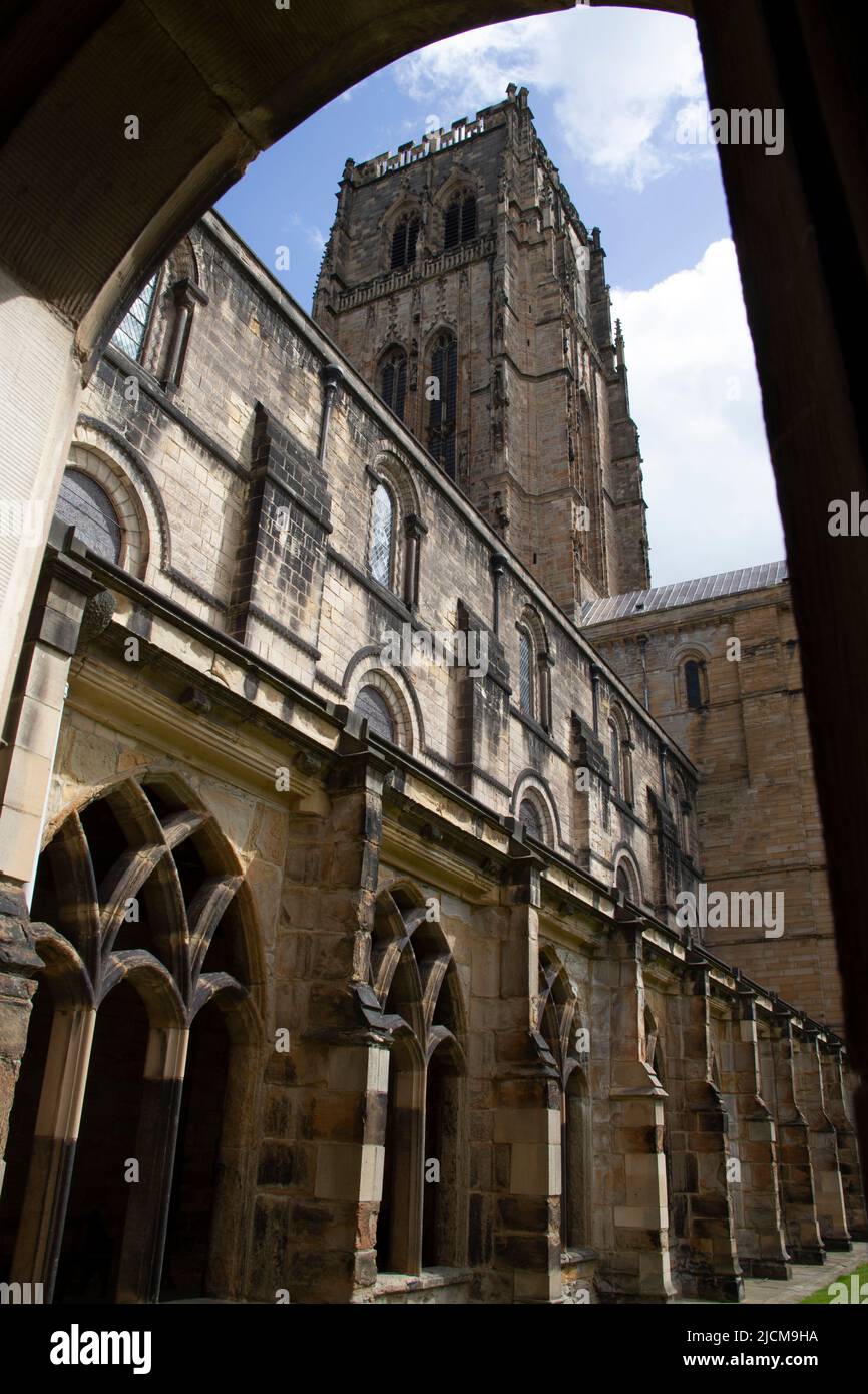 Durham cathedral tower framed by an archway of the cloisters, Durham ...