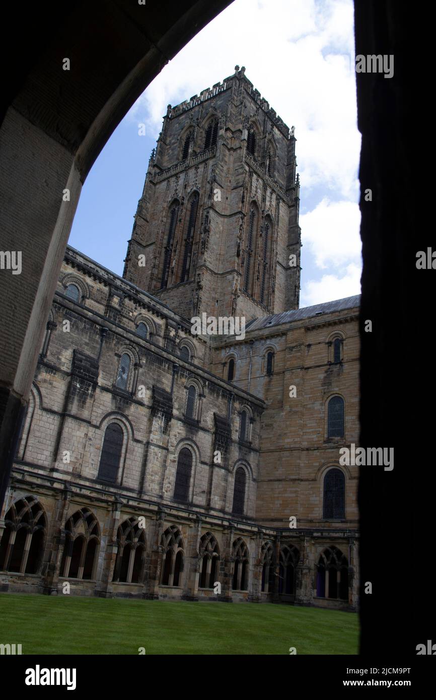Durham cathedral tower framed by an archway of the cloisters, Durham ...