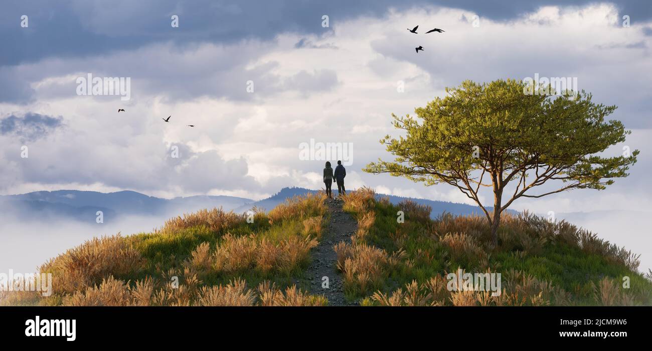 Magical fantasy scene with man and woman couple on top of hill and ...