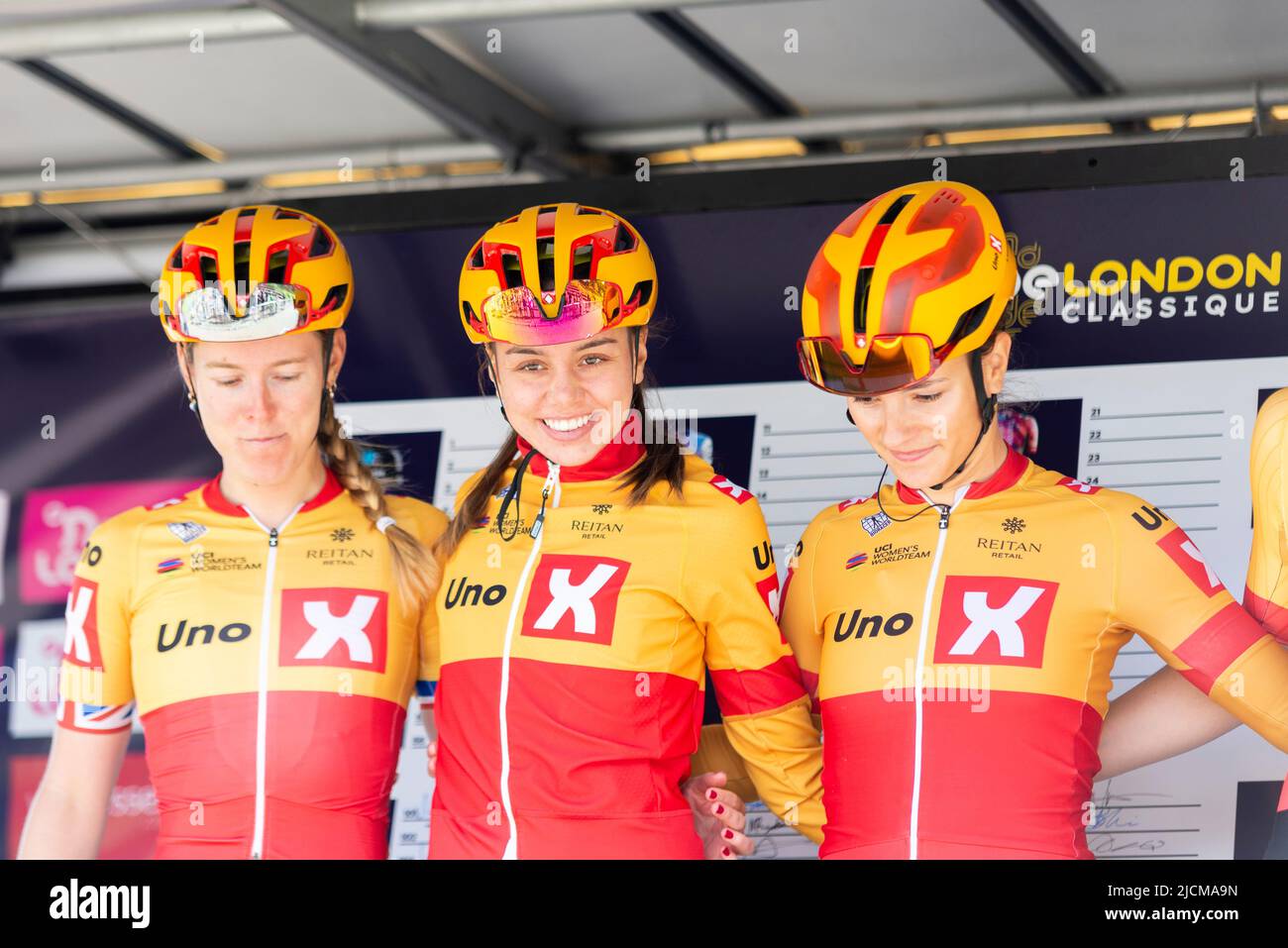 Hannah Barnes, Amalie Lutro, Rebecca Koerner cyclists of team Uno X Pro ...