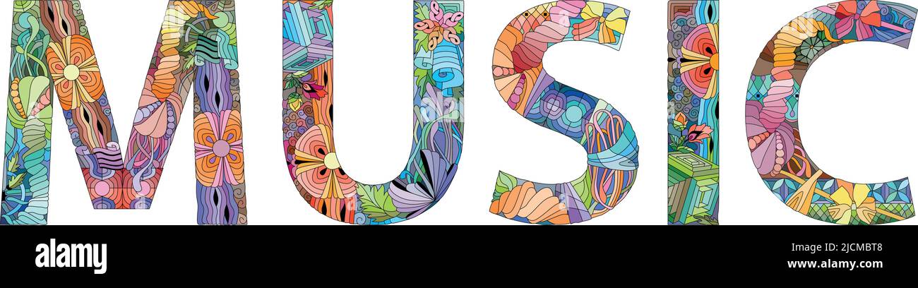 Hand-painted art design. Illustration word MUSIC painted in warm colors ...