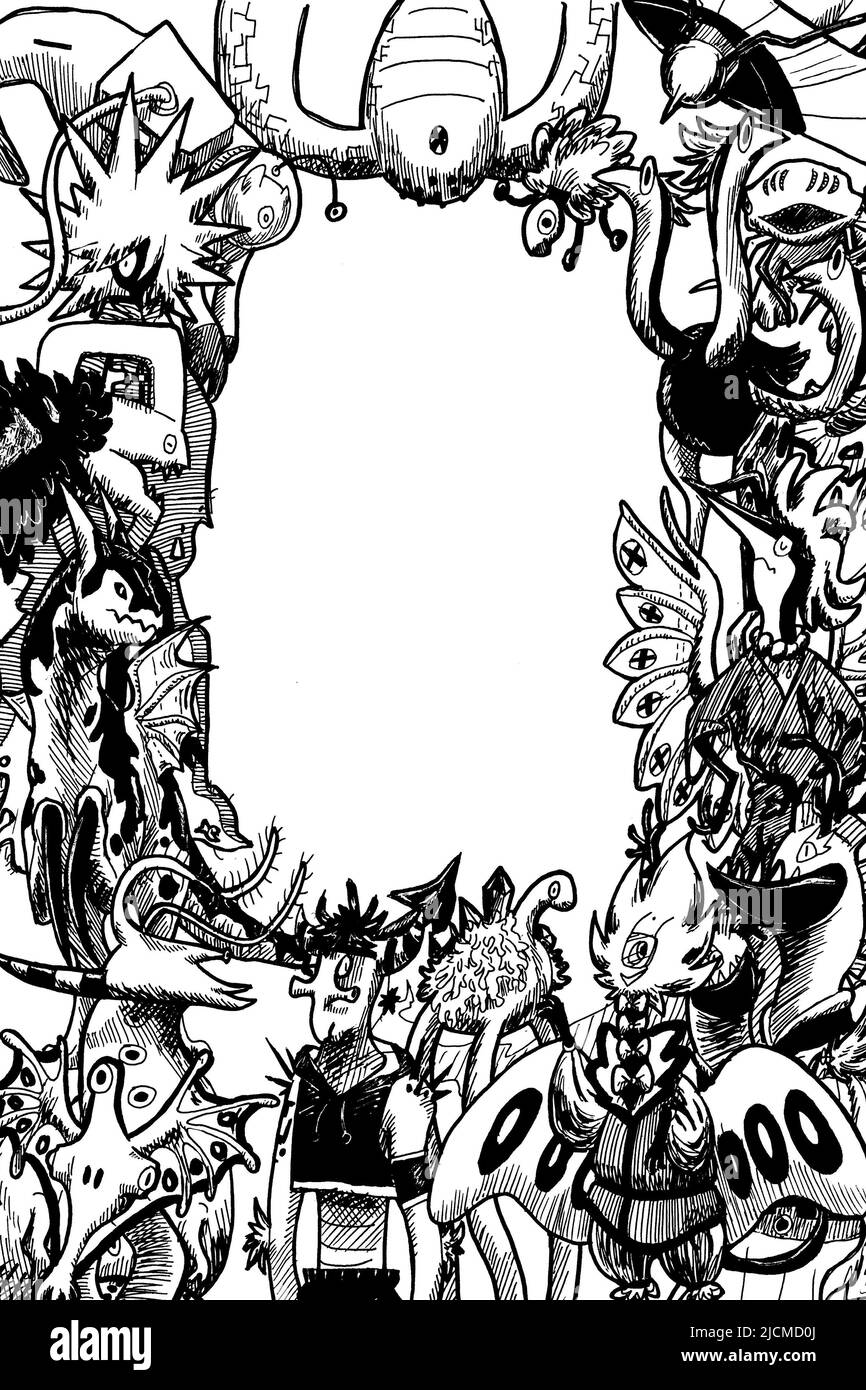 Ink illustration of a frame of aliens Stock Photo - Alamy