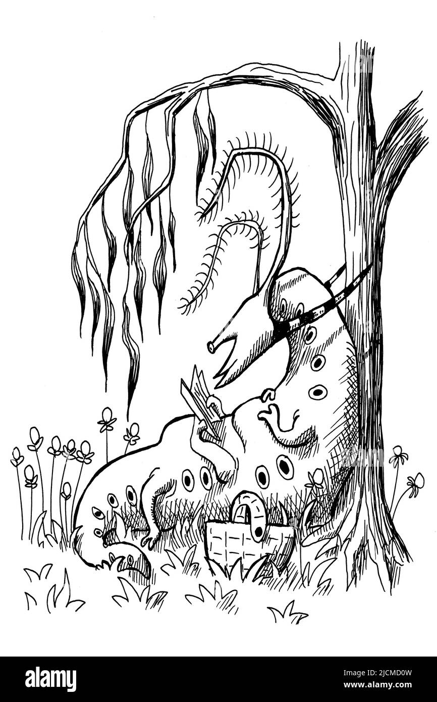 Black and white ink illustration of a strange alien creature Stock ...