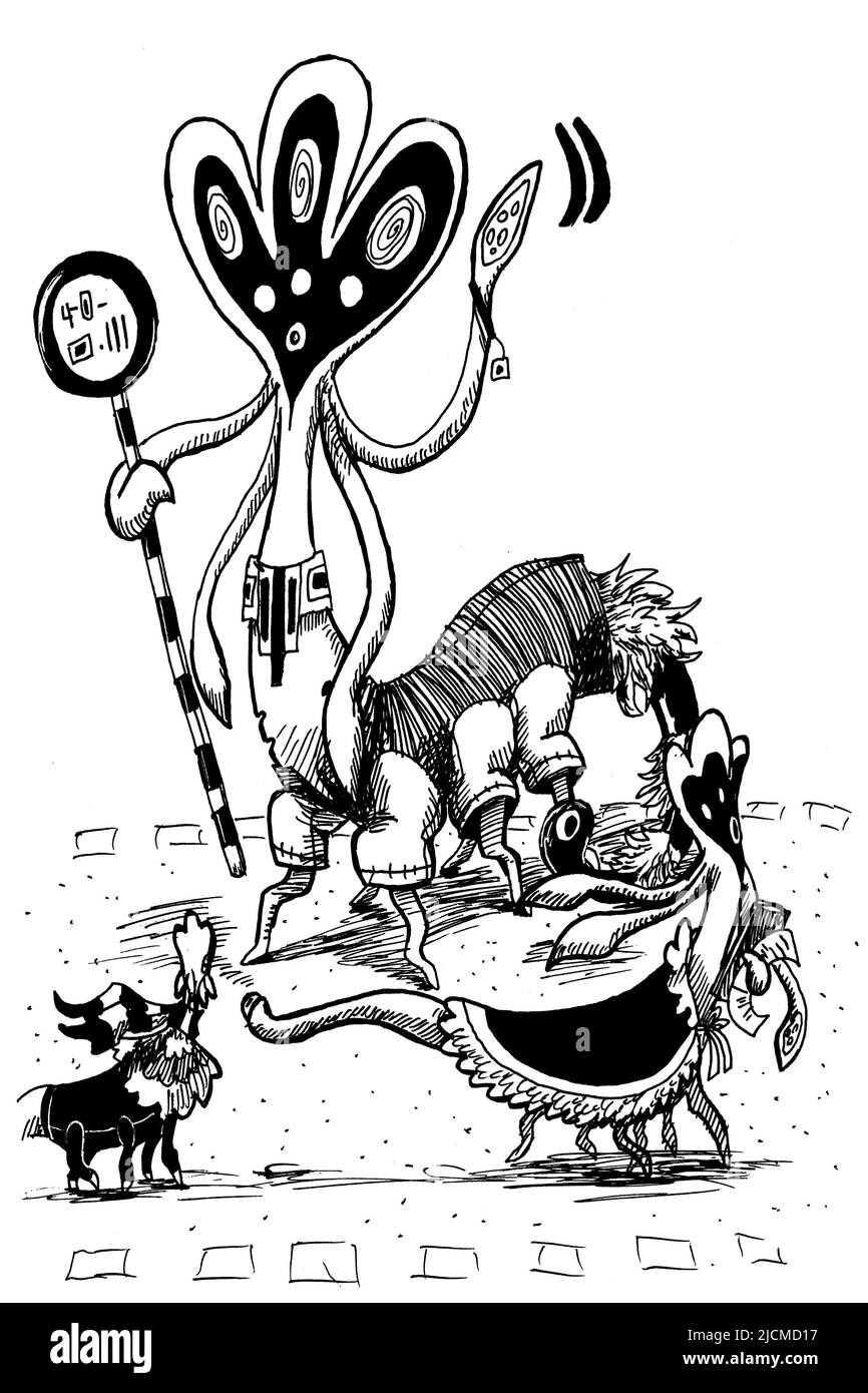 Black and white ink illustration of a strange alien creature Stock ...