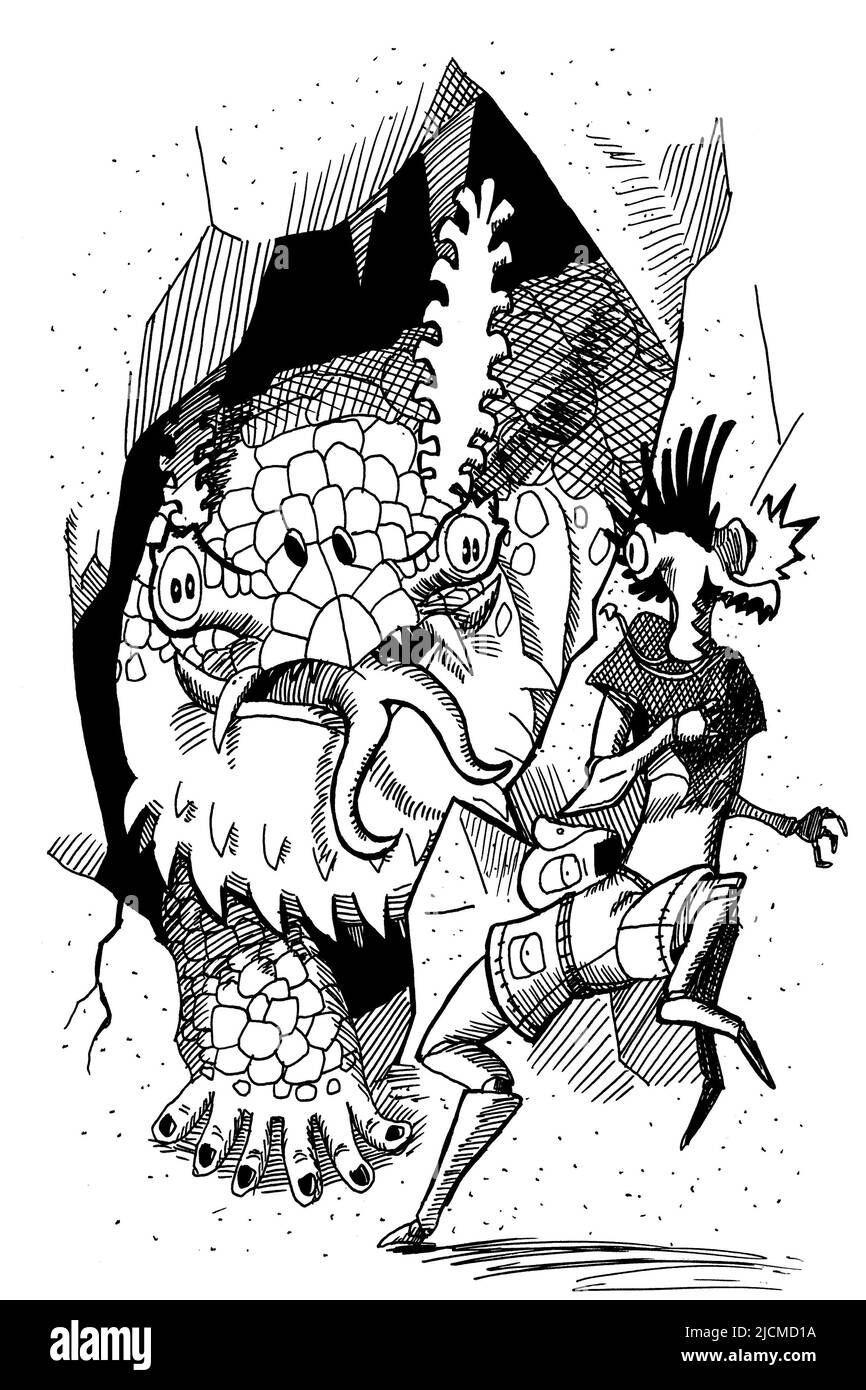 Black and white ink illustration of a strange alien creature Stock ...