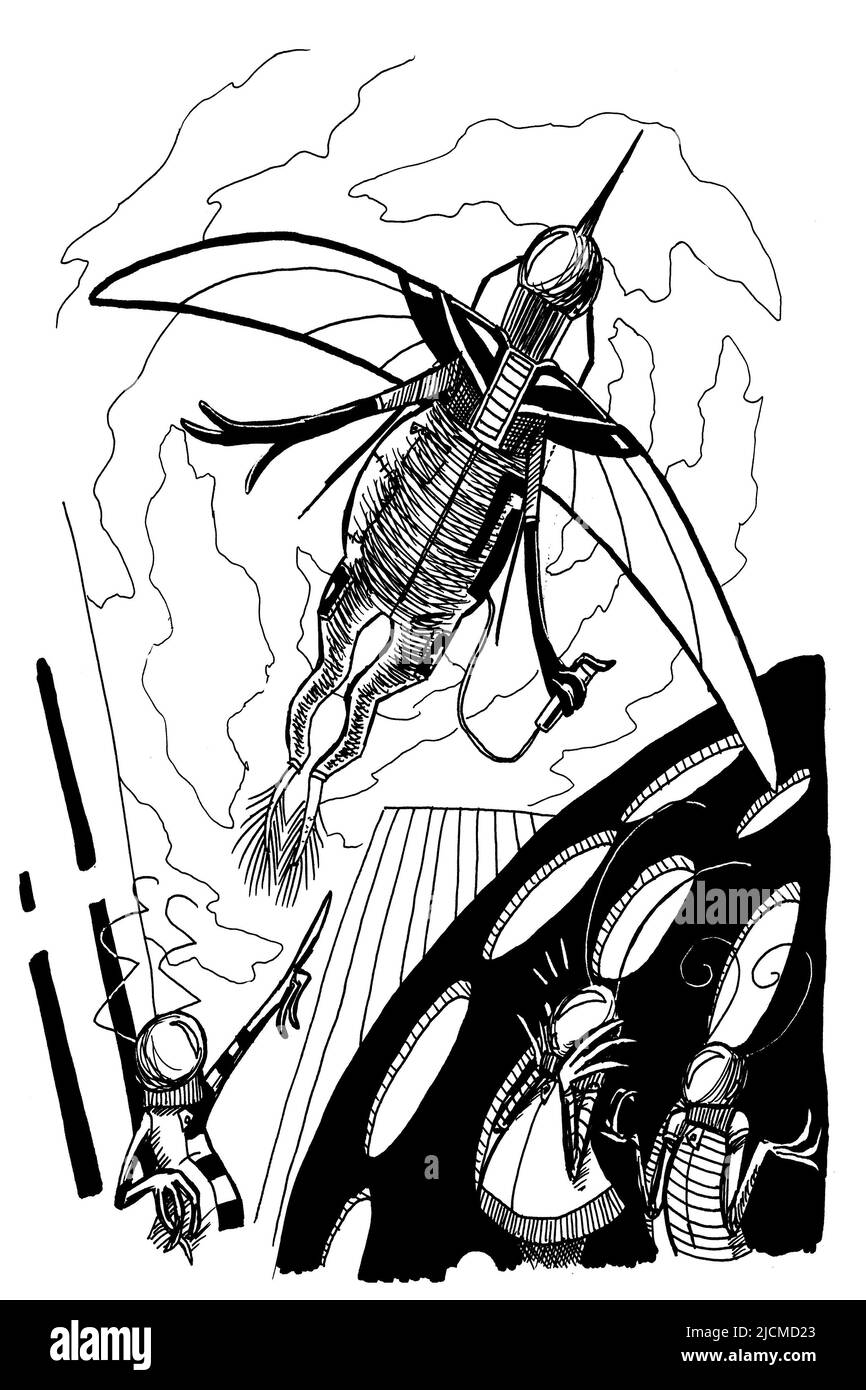 Black and white ink illustration of a strange alien creature Stock ...