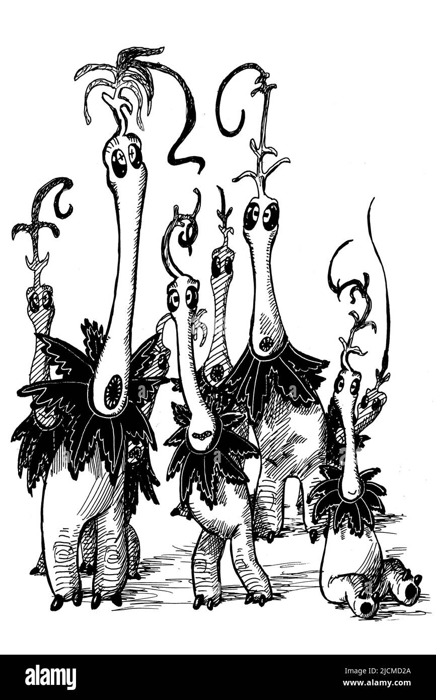 Black and white ink illustration of a strange alien creature Stock ...