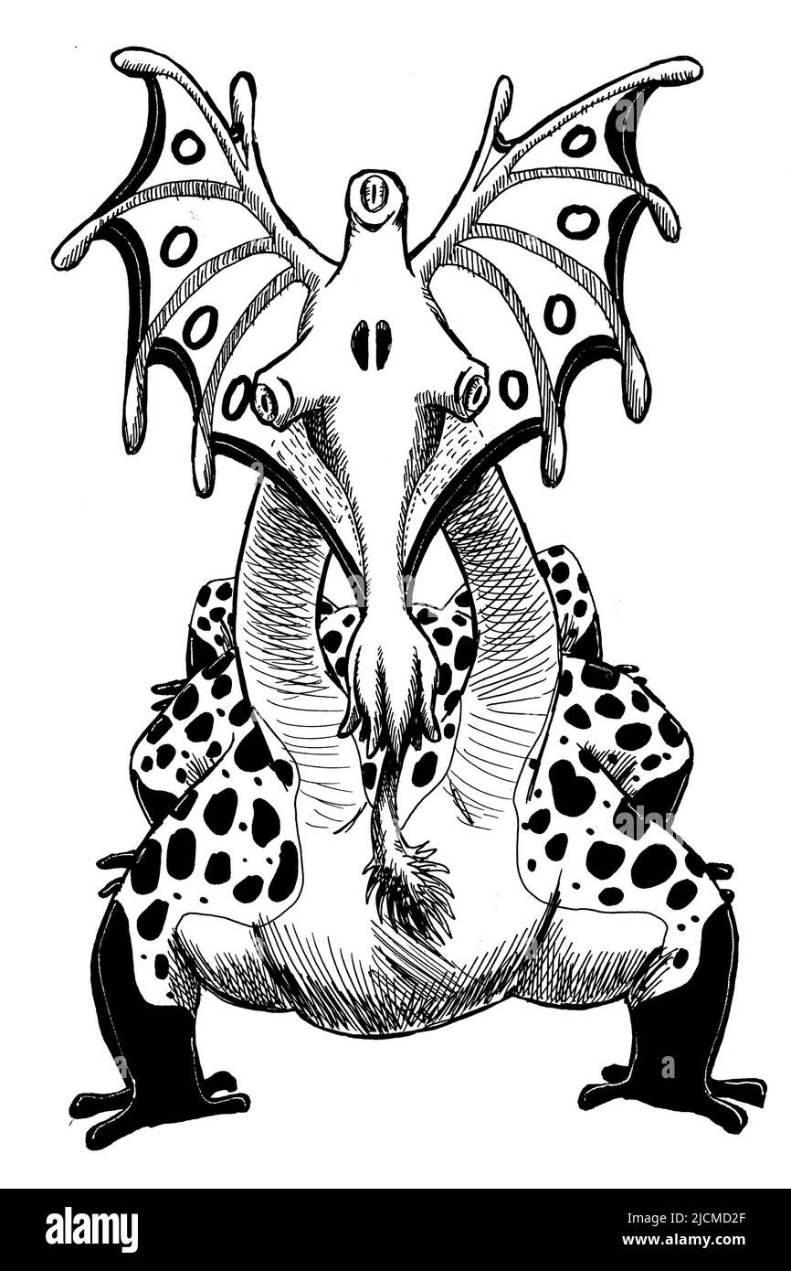 Black and white ink illustration of a strange alien creature Stock ...