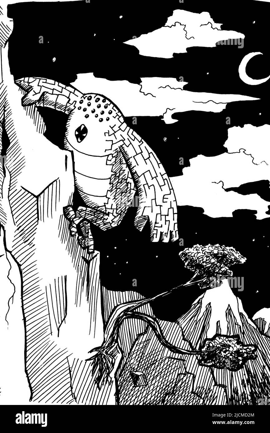Black and white ink illustration of a strange alien creature Stock ...