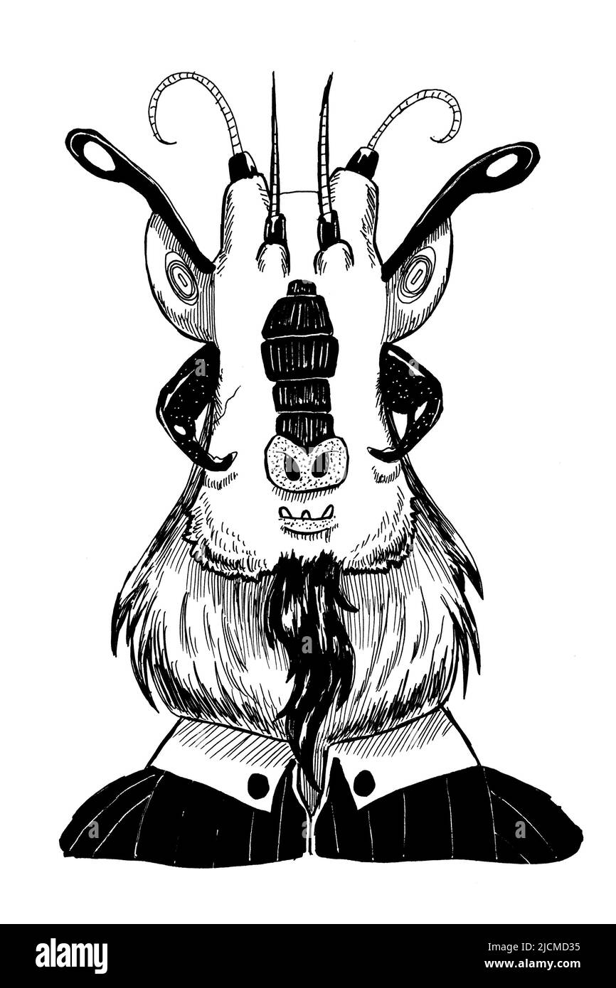 Black and white ink illustration of a strange alien creature Stock ...