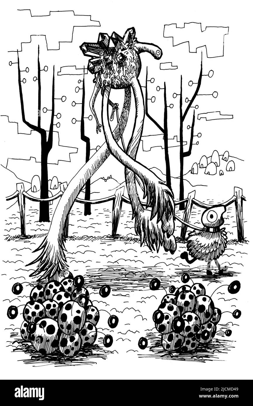 Black and white ink illustration of a strange alien creature Stock ...