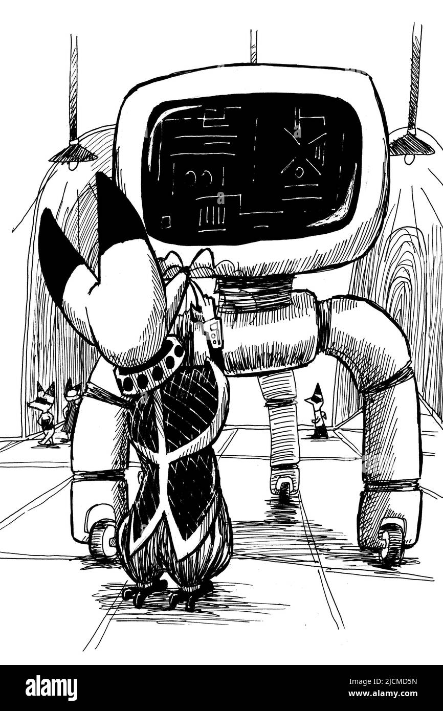 Black and white ink illustration of a strange alien creature Stock ...