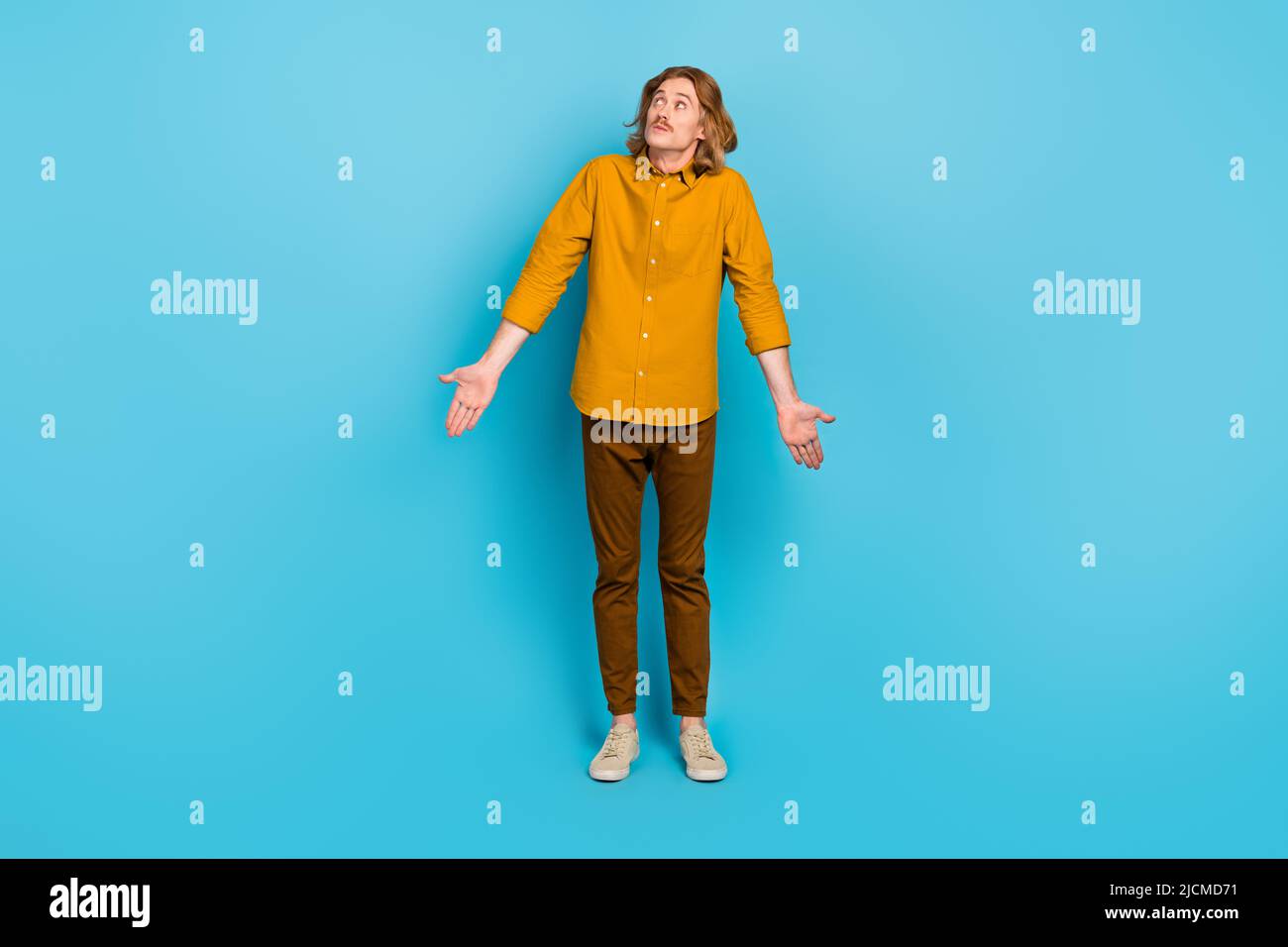 Full length body size view of attractive unsure discontent guy ...