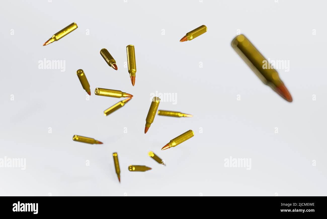 3d render of flying or dropping rifle bullets for gun violence or ...