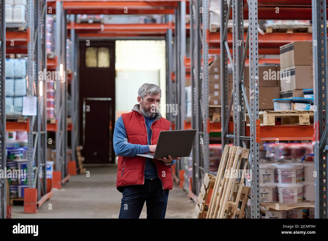 Mature bearded distributor using laptop while walking along the shelves ...