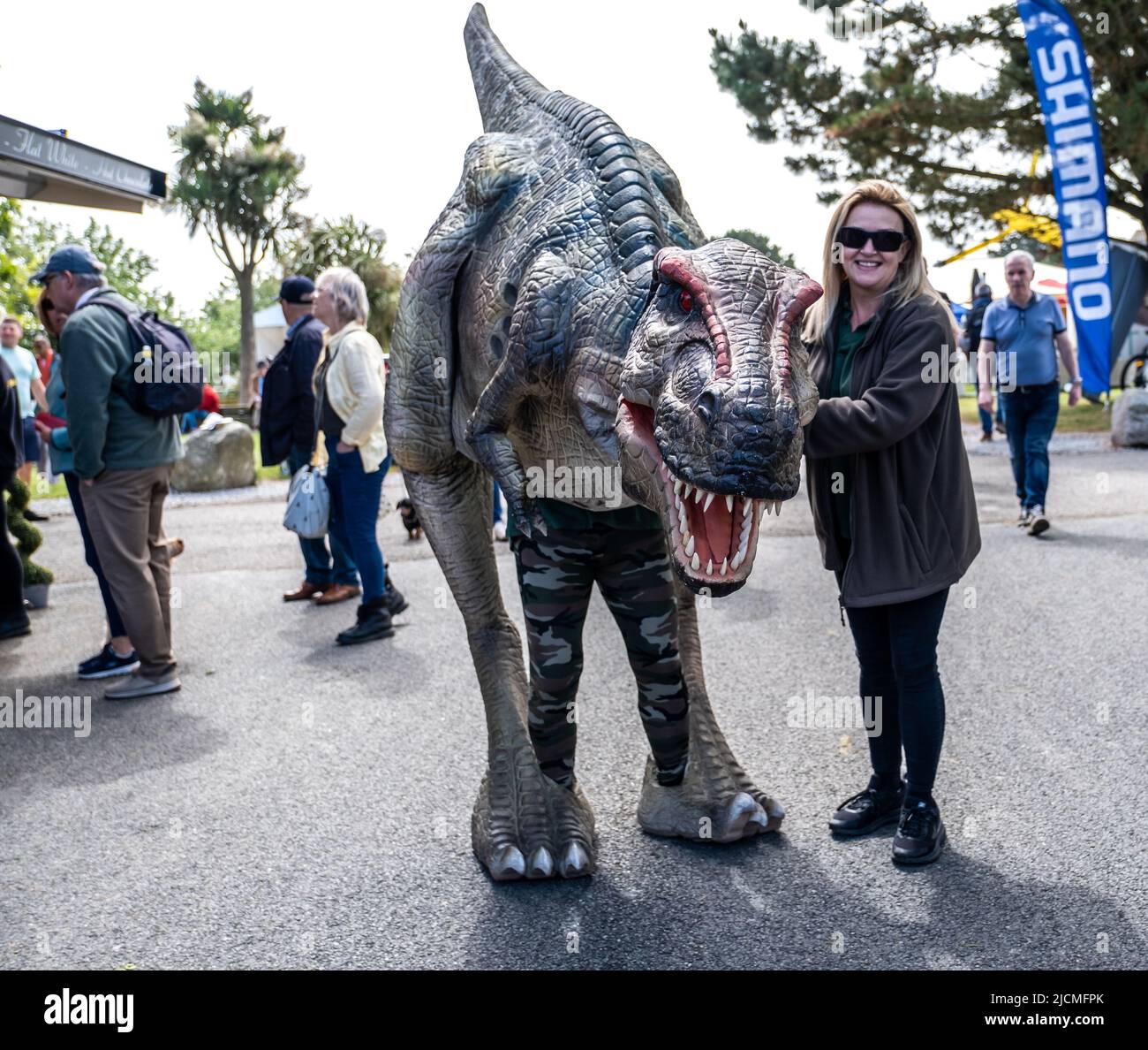 Togetherness! A giant toothy model Tex dinosaur being walked around by ...
