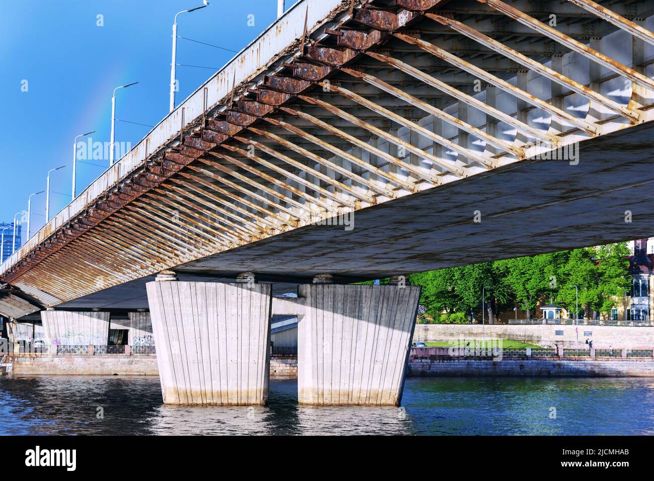 rusty bridge structures. modern concrete bridge perspective view Stock ...