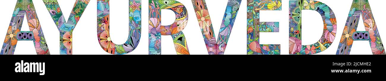 Hand-painted art design. Illustration word AYURVEDA painted in warm ...