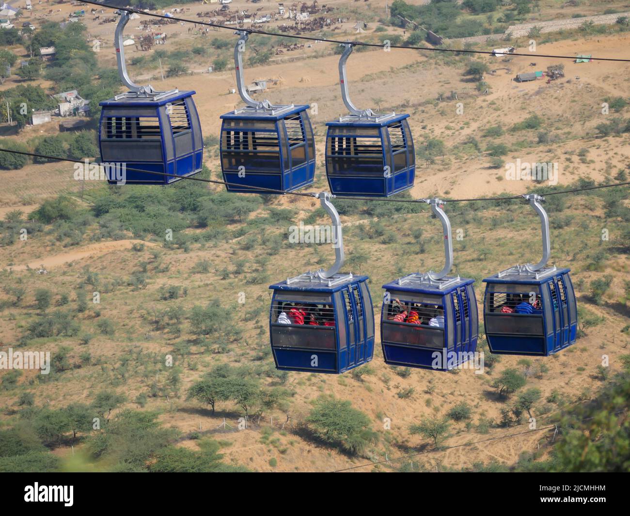 Ropeway or cable car for mountain temple pilgrims in Pushkar, Rajasthan ...