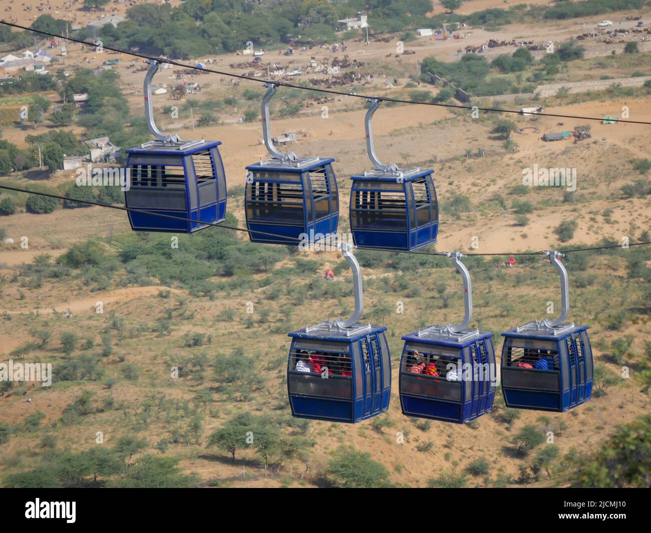 Ropeway or cable car for mountain temple pilgrims in Pushkar, Rajasthan ...