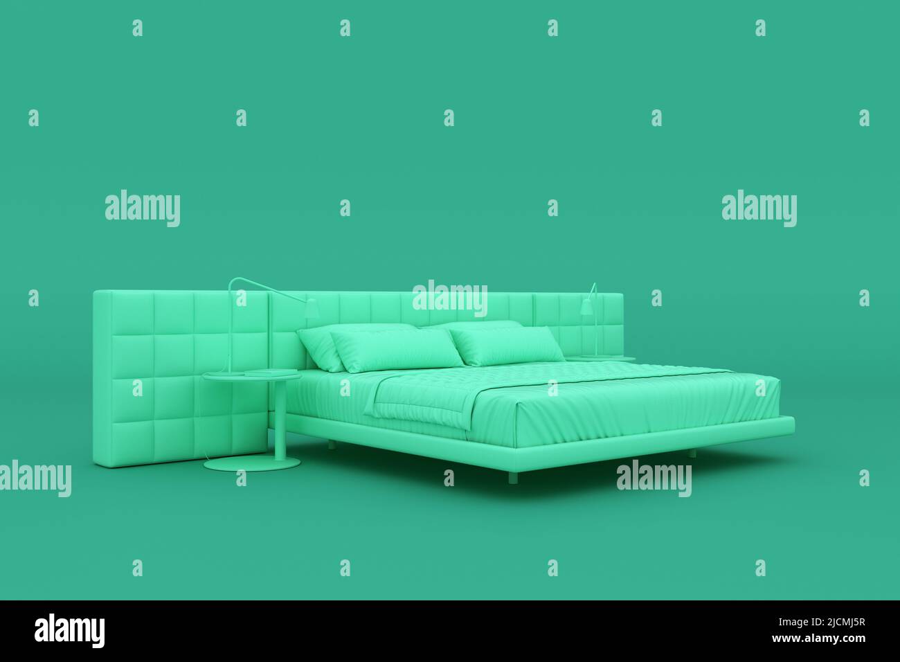 Green bed mockup, green background, monochrome flat style, 3D rendering ...