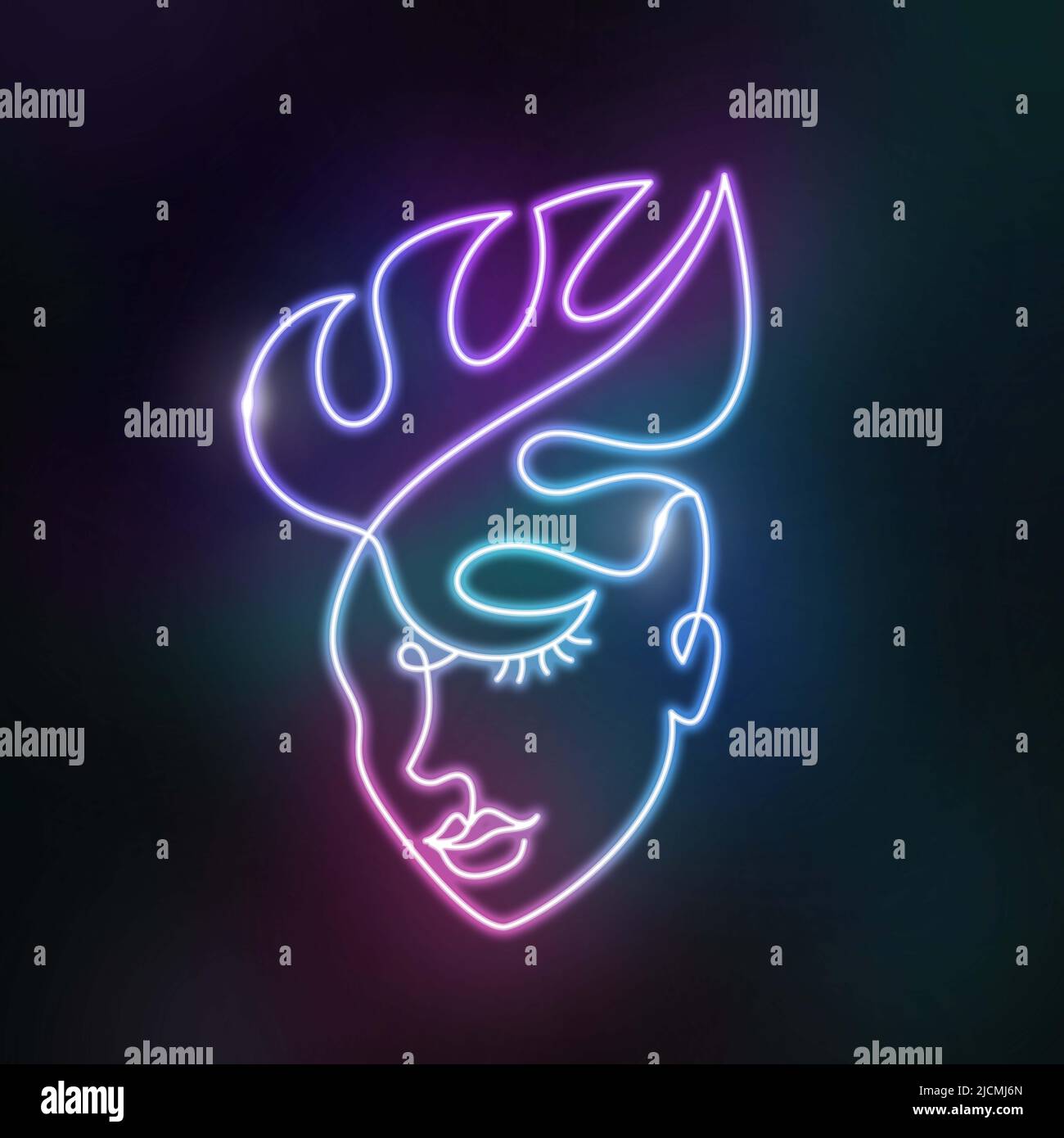 Neon face of a woman in a modern abstract minimalist one line style ...