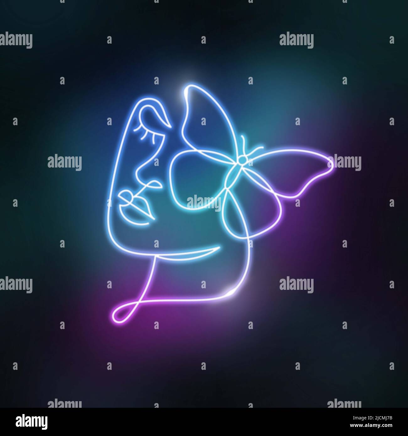 Neon face of a woman in a modern abstract minimalist one line style ...