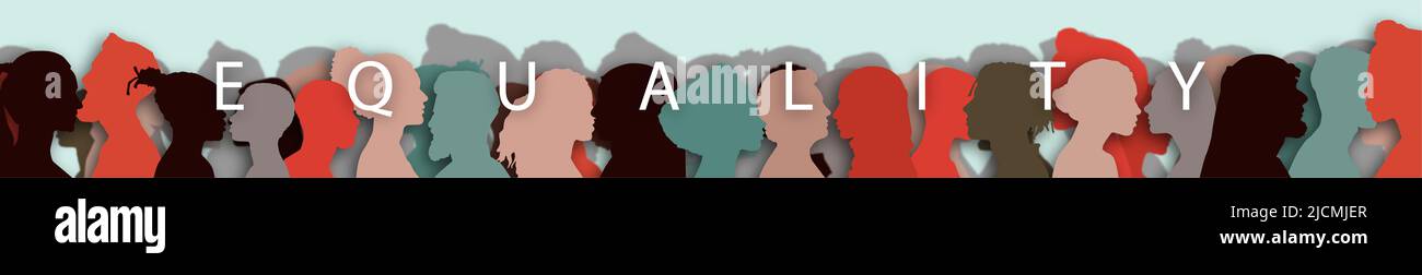 Word - Equality. Silhouette profile group of men and women of diverse ...