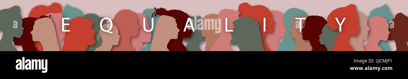 Word - Equality. Silhouette profile group of men and women of diverse ...