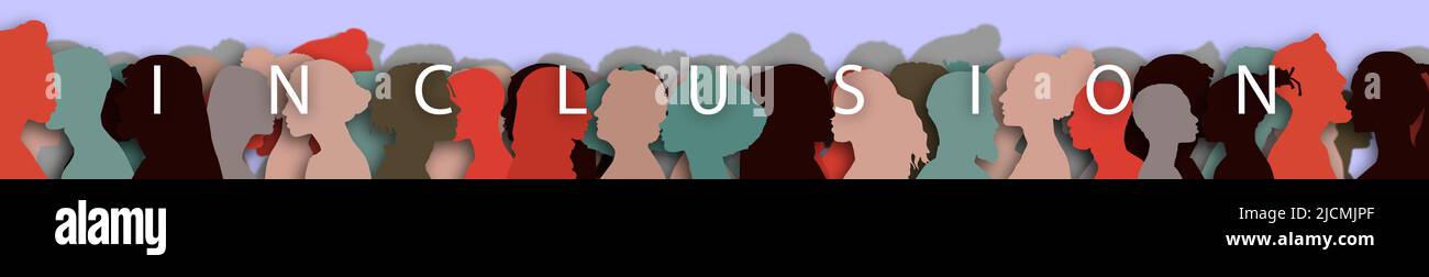 Word - Inclusion. Silhouette profile group of men and women of diverse ...