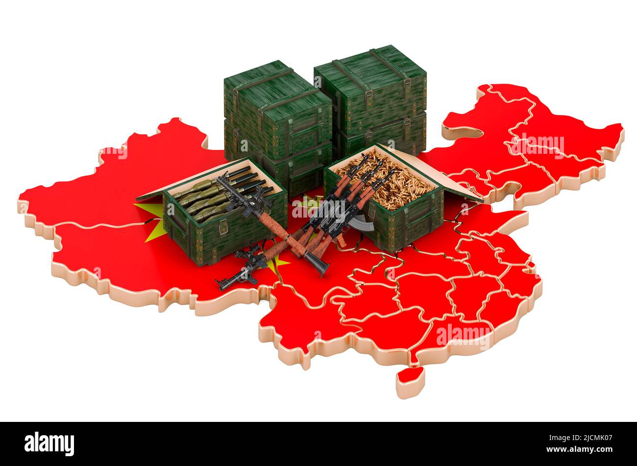 Chinese map with weapons. Military supplies in China, concept. 3D ...