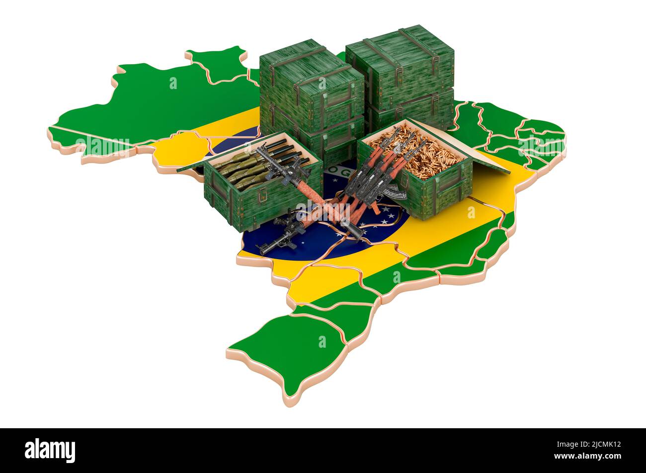 Brazilian map with weapons. Military supplies in Brazil, concept. 3D ...