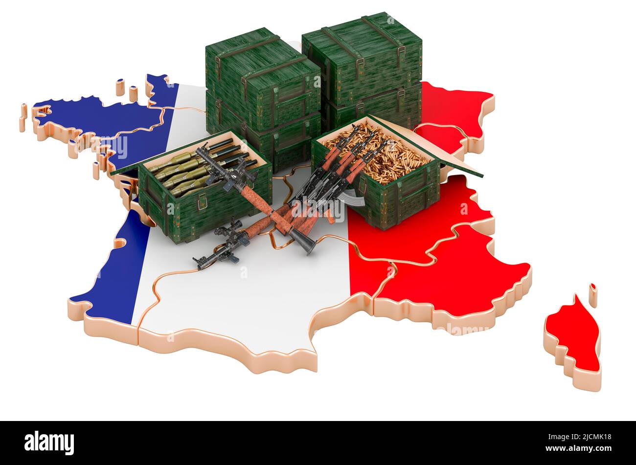French map with weapons. Military supplies in France, concept. 3D ...