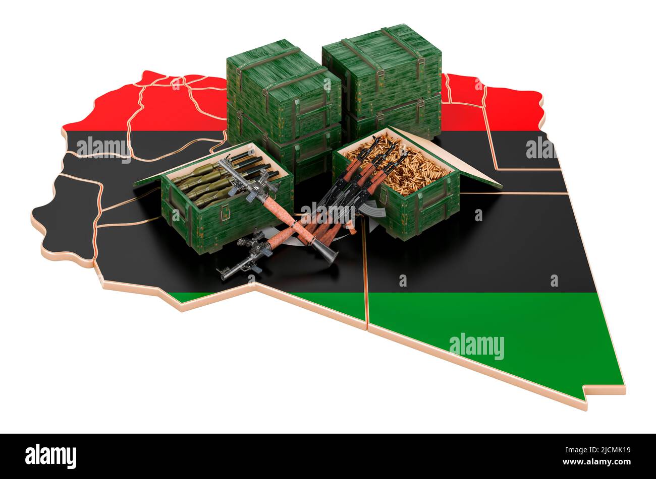 Libyan map with weapons. Military supplies in Libya, concept. 3D ...
