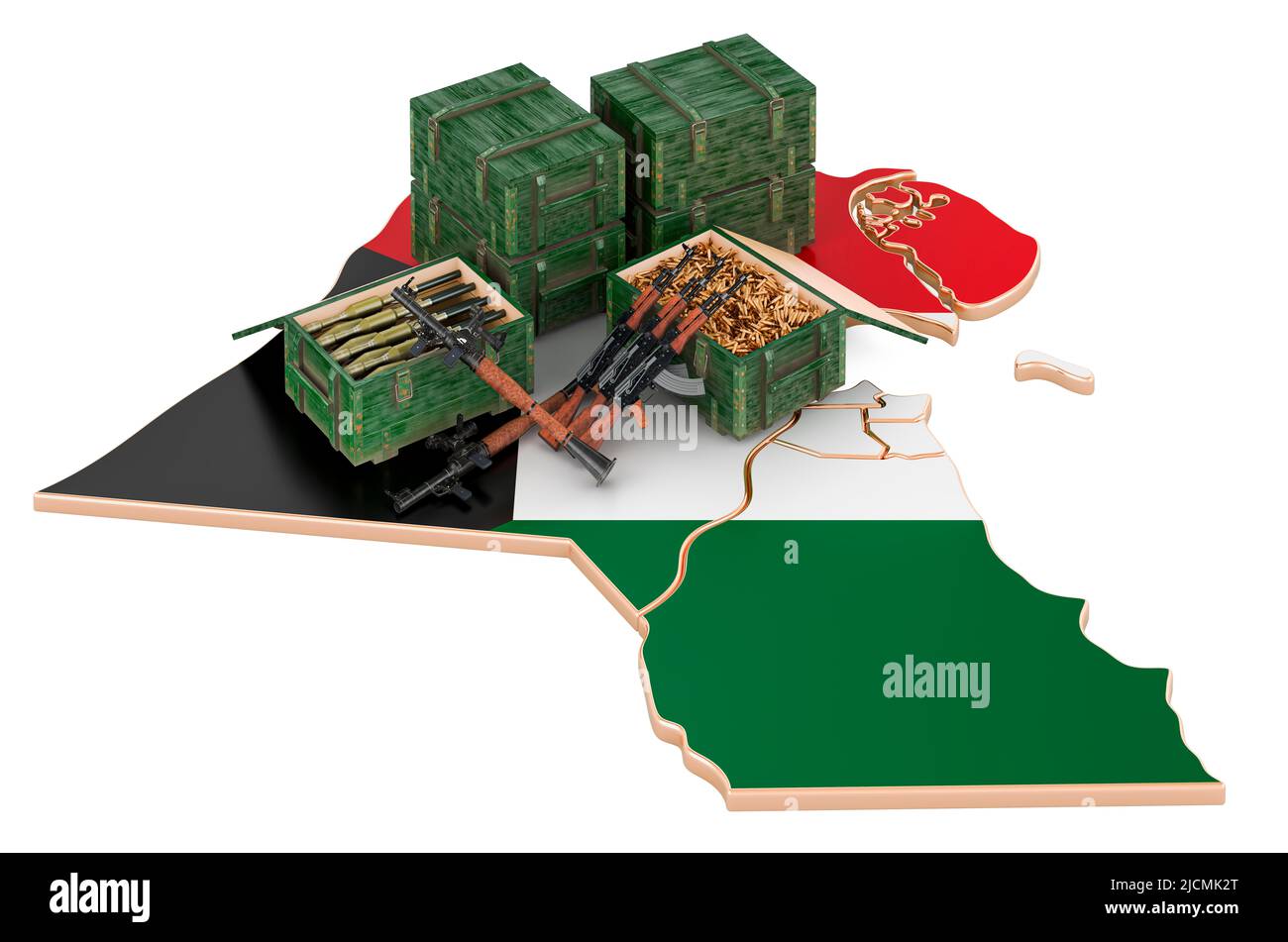 Kuwaiti map with weapons. Military supplies in Kuwait, concept. 3D ...