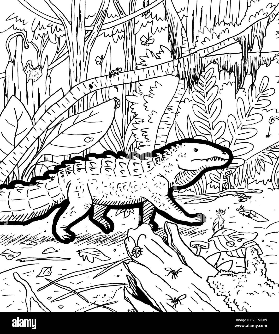 Black and white coloring page of a prehistoric creature Stock Photo - Alamy