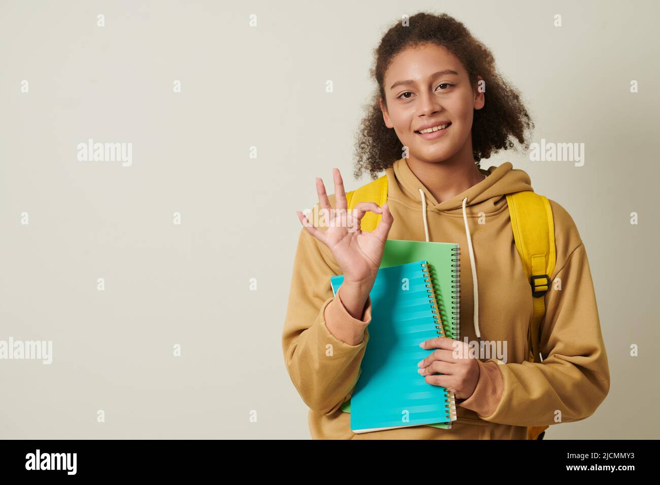 Cheerful college student with books in hands showing ok sign Stock ...
