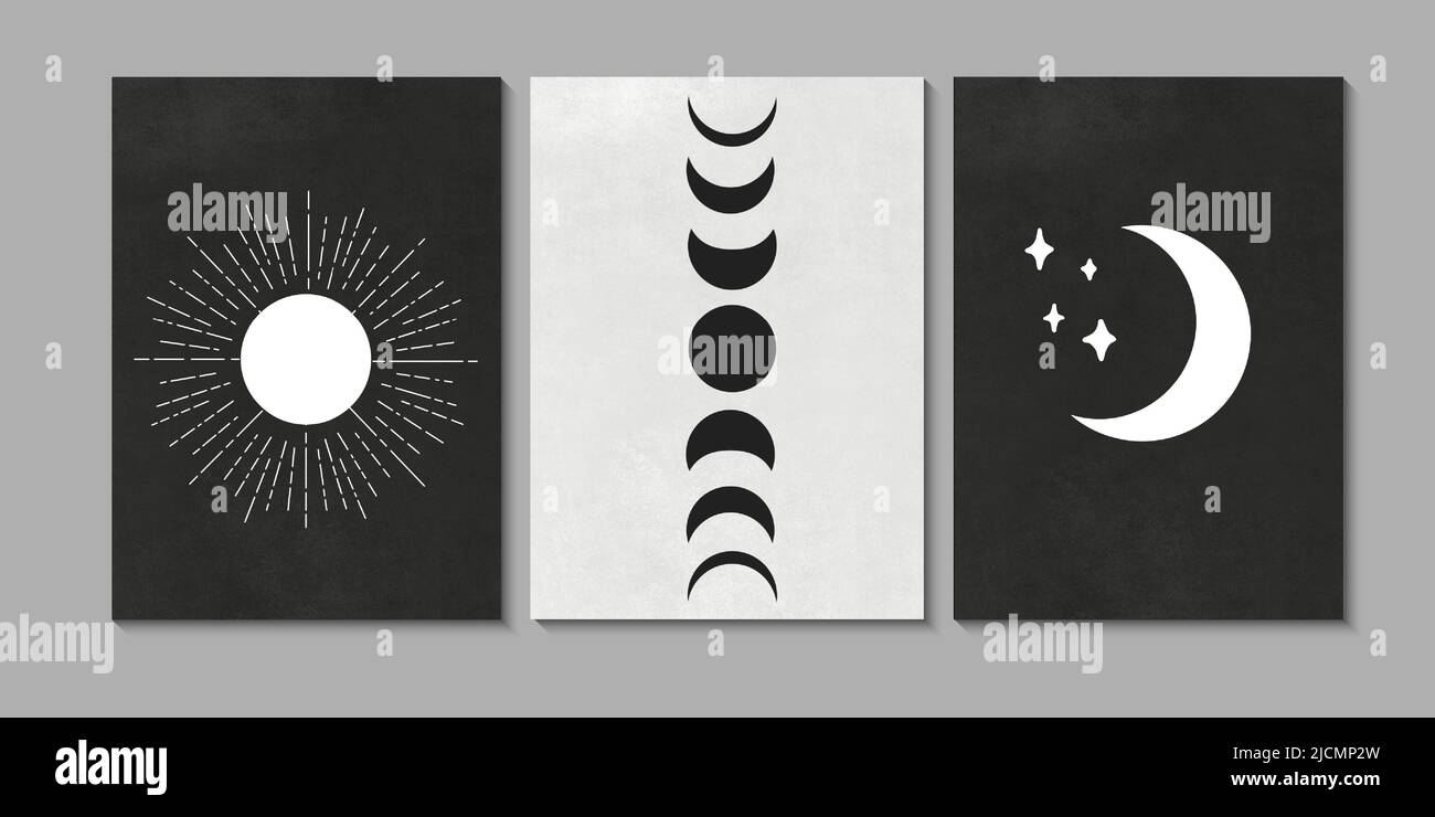 Mid Century Modern Art Set Boho Art Sun And Moon Abstract Art Black