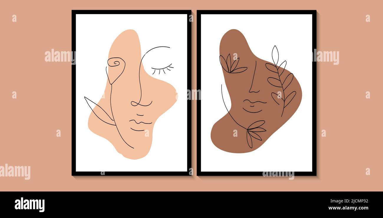 Floral Abstract Woman face art. Boho posters black beige. Creative ...