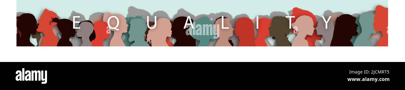 Word - Equality. Silhouette profile group of men and women of diverse ...