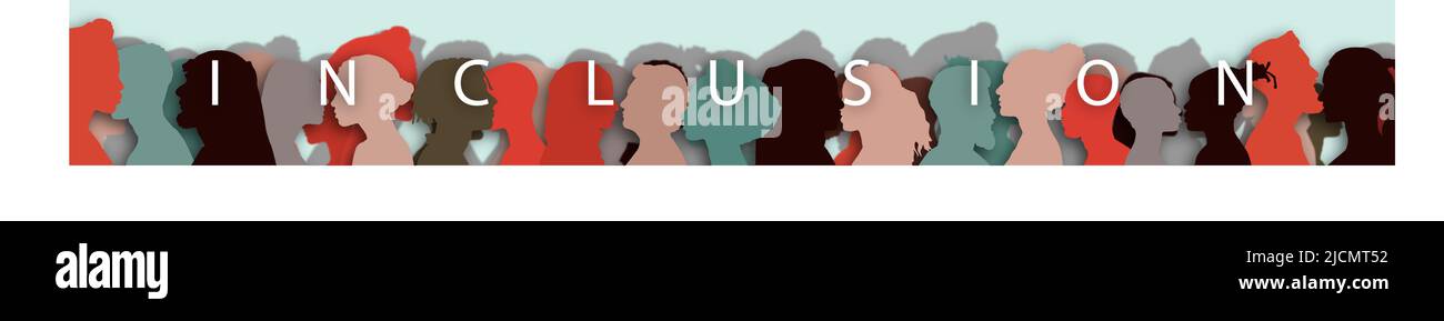 Word - Inclusion. Silhouette profile group of men and women of diverse ...