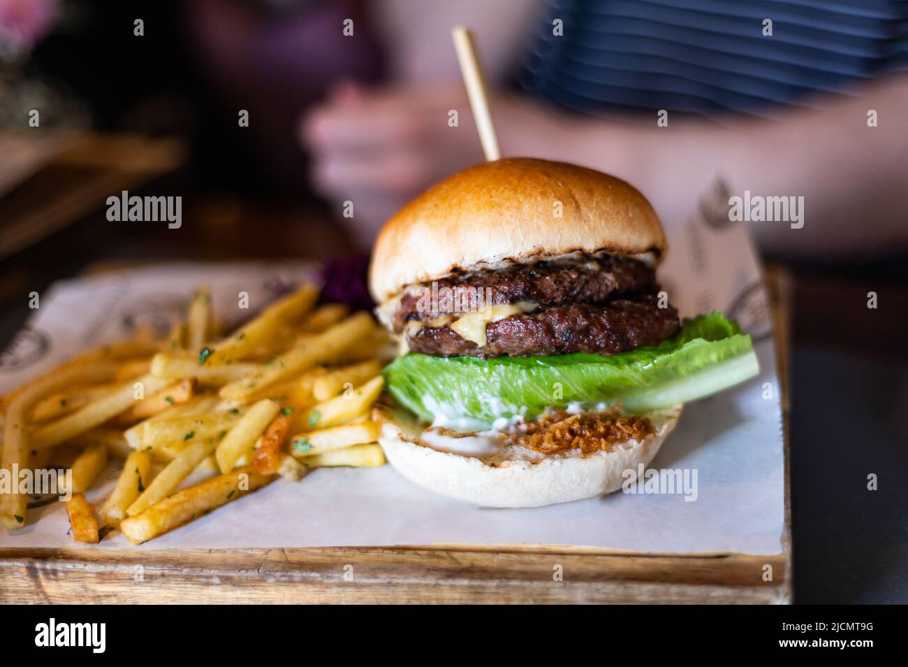 Beef Burger and Chips Stock Photo - Alamy
