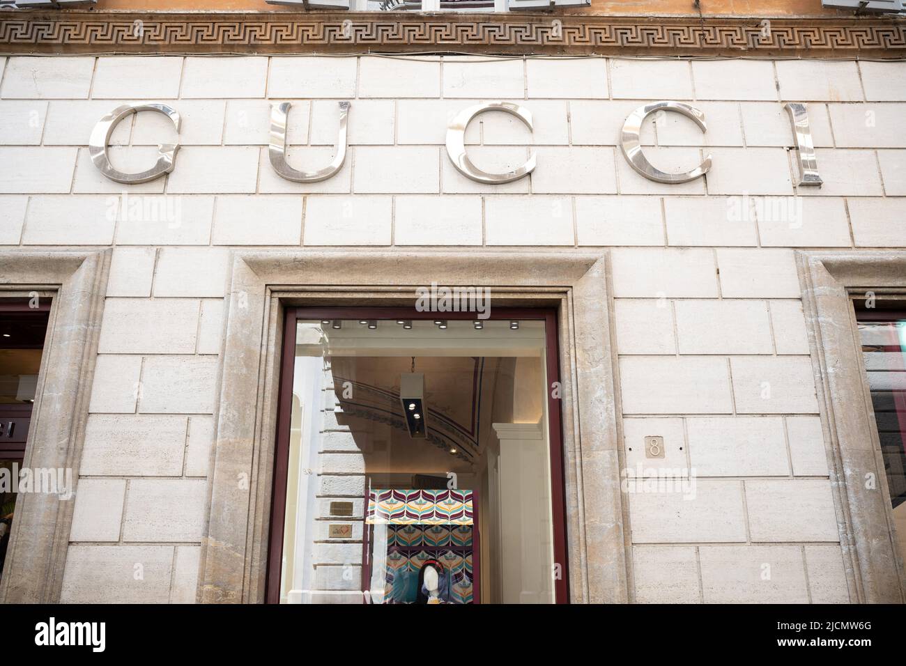 A shop sign of GUCCI, on May 07, 2022 in Roma, Italy. Photo by David ...