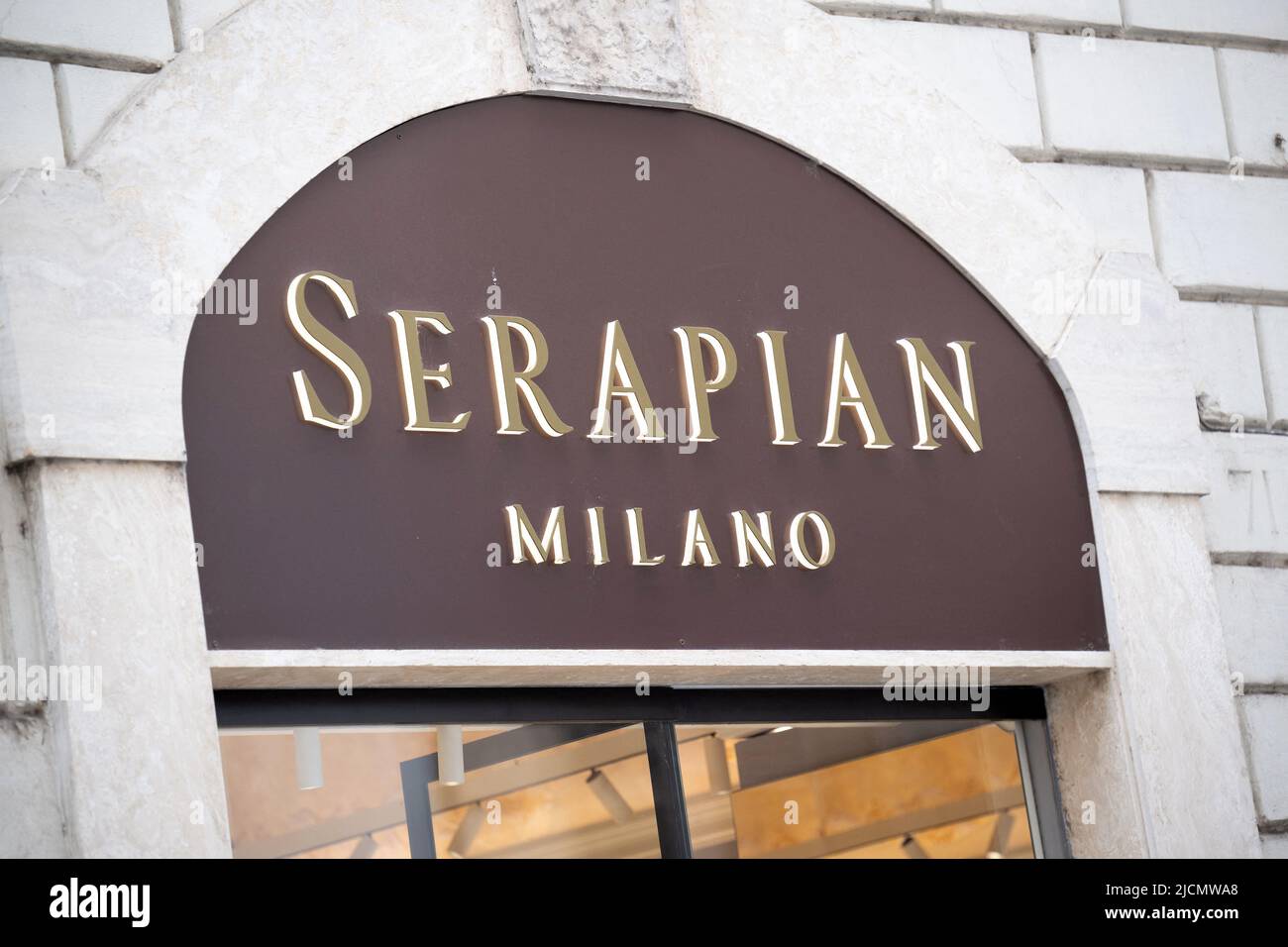A shop sign of SERAPIAN MILANO, on May 07, 2022 in Roma, Italy. Photo ...